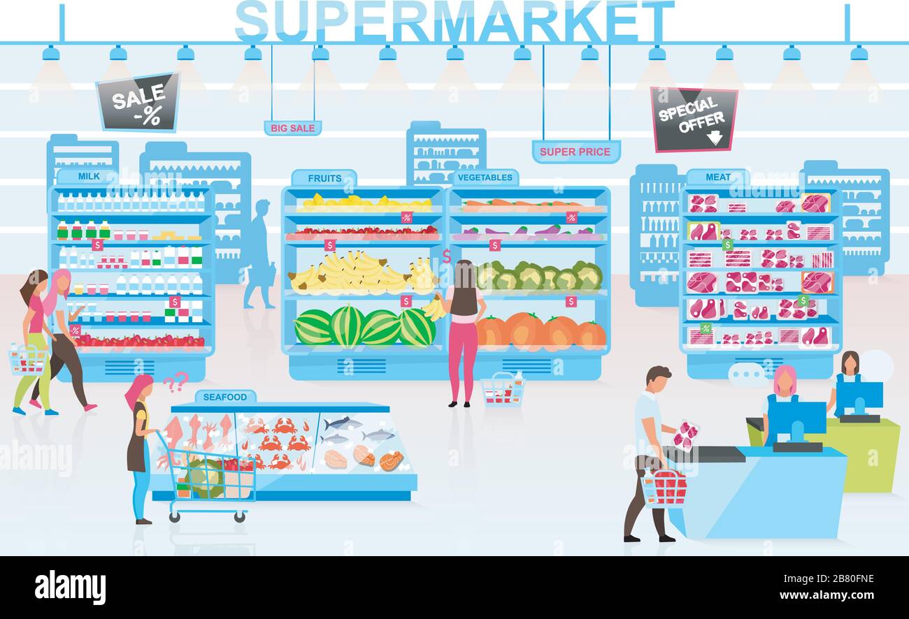 Supermarket interior flat vector illustration Stock Vector Image & Art ...