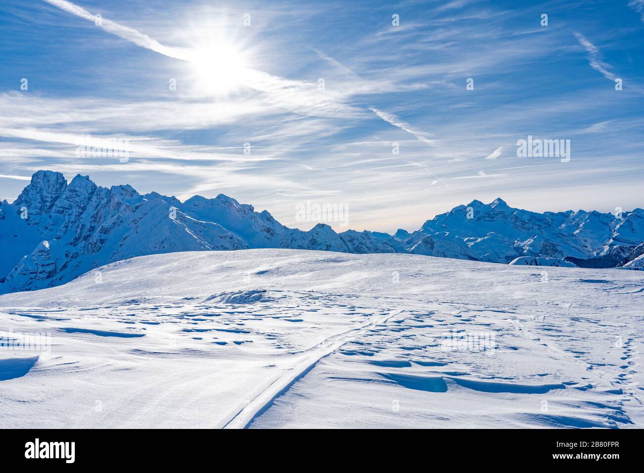 winter Mountain landscape in the Three Peaks Dolomites area near ...