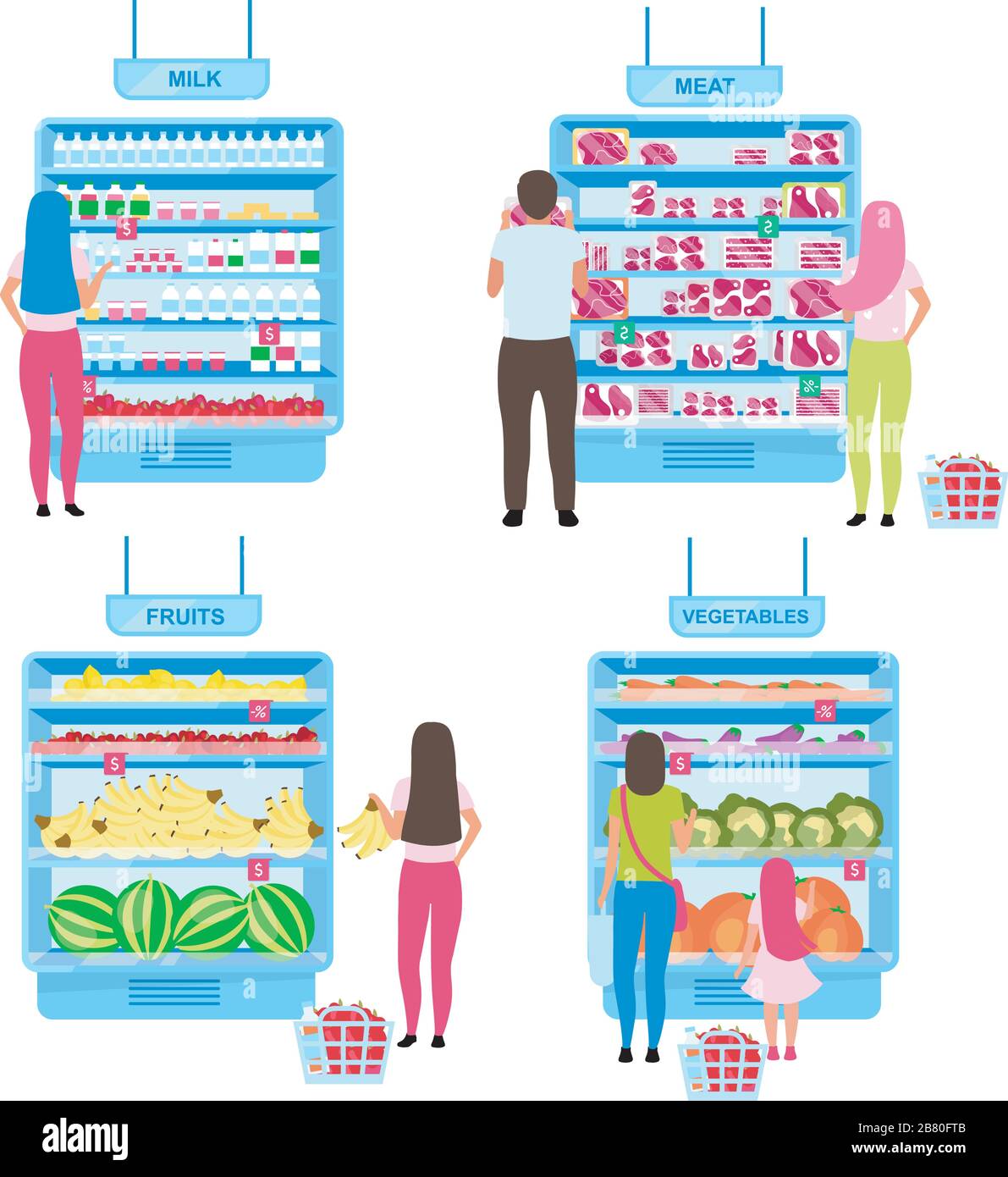 Customer choosing products flat vector illustrations set Stock Vector ...