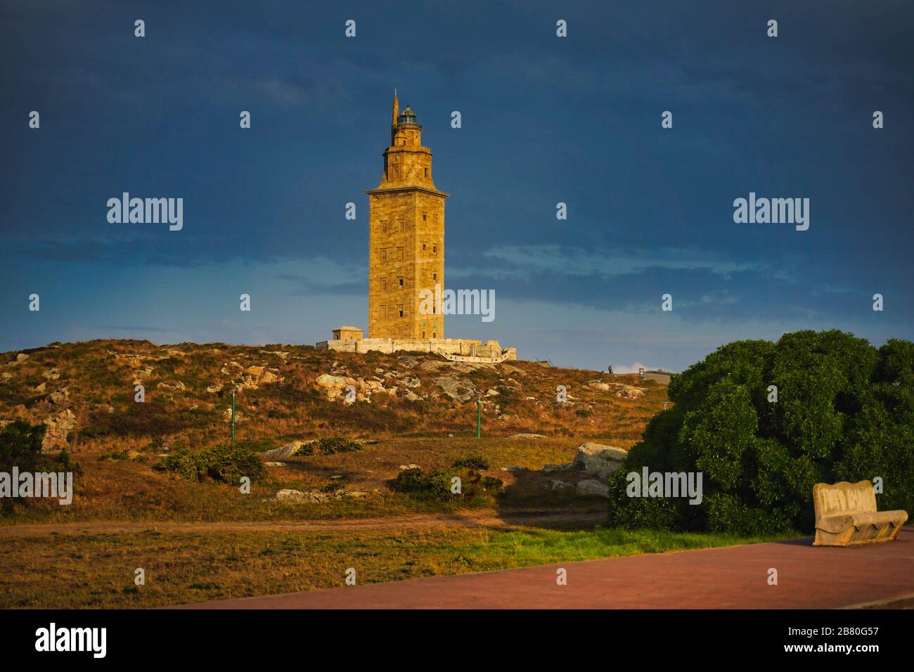 Low angle shot of the famous Tower of Hercules in Coruna, Spain Stock ...