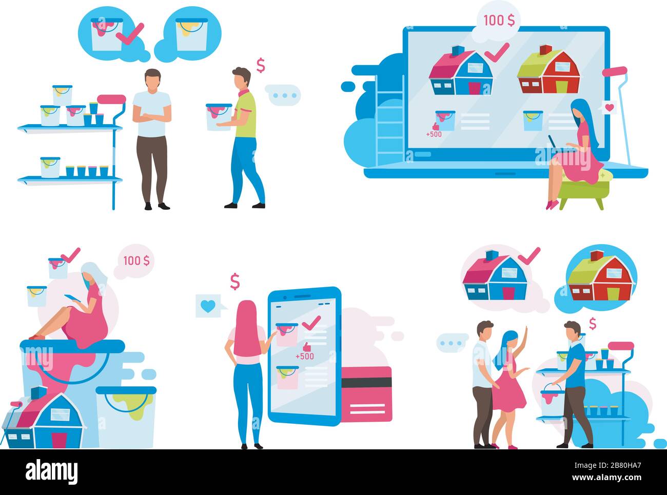 Customers making paint choice flat vector illustrations set Stock ...