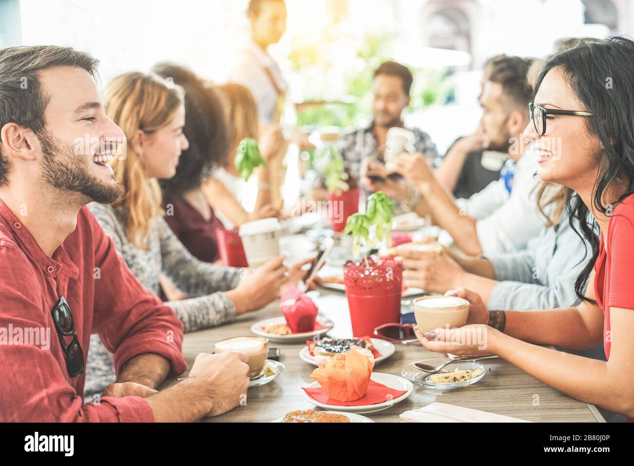 Happy friends having coffee break at bar cafeteria - Students enjoying ...