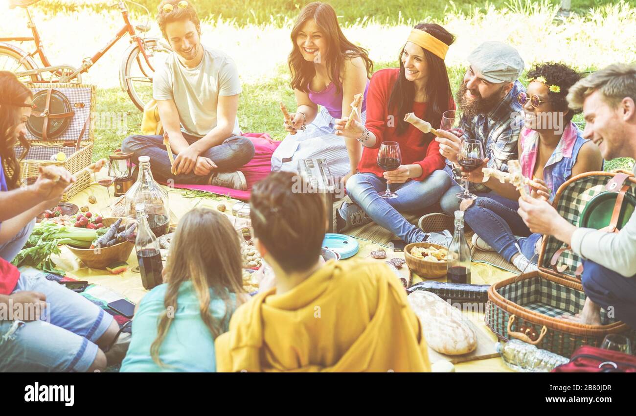 Group of friends making picnic in nature park outdoor - Young trendy ...