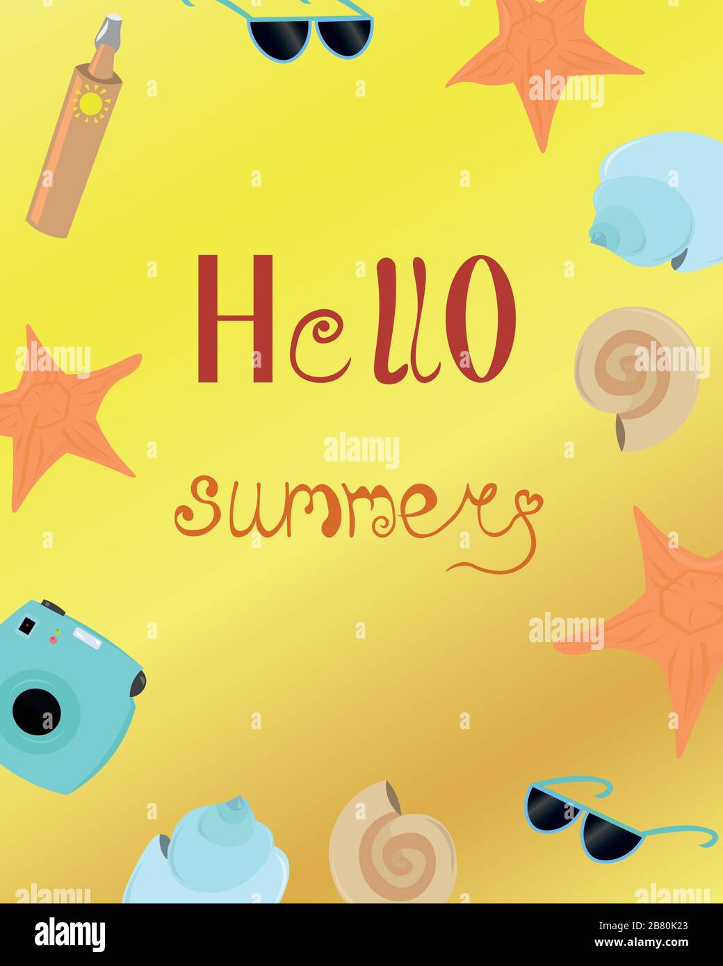Hello summer. Bright postcard. Shells, a camera and objects from the ...