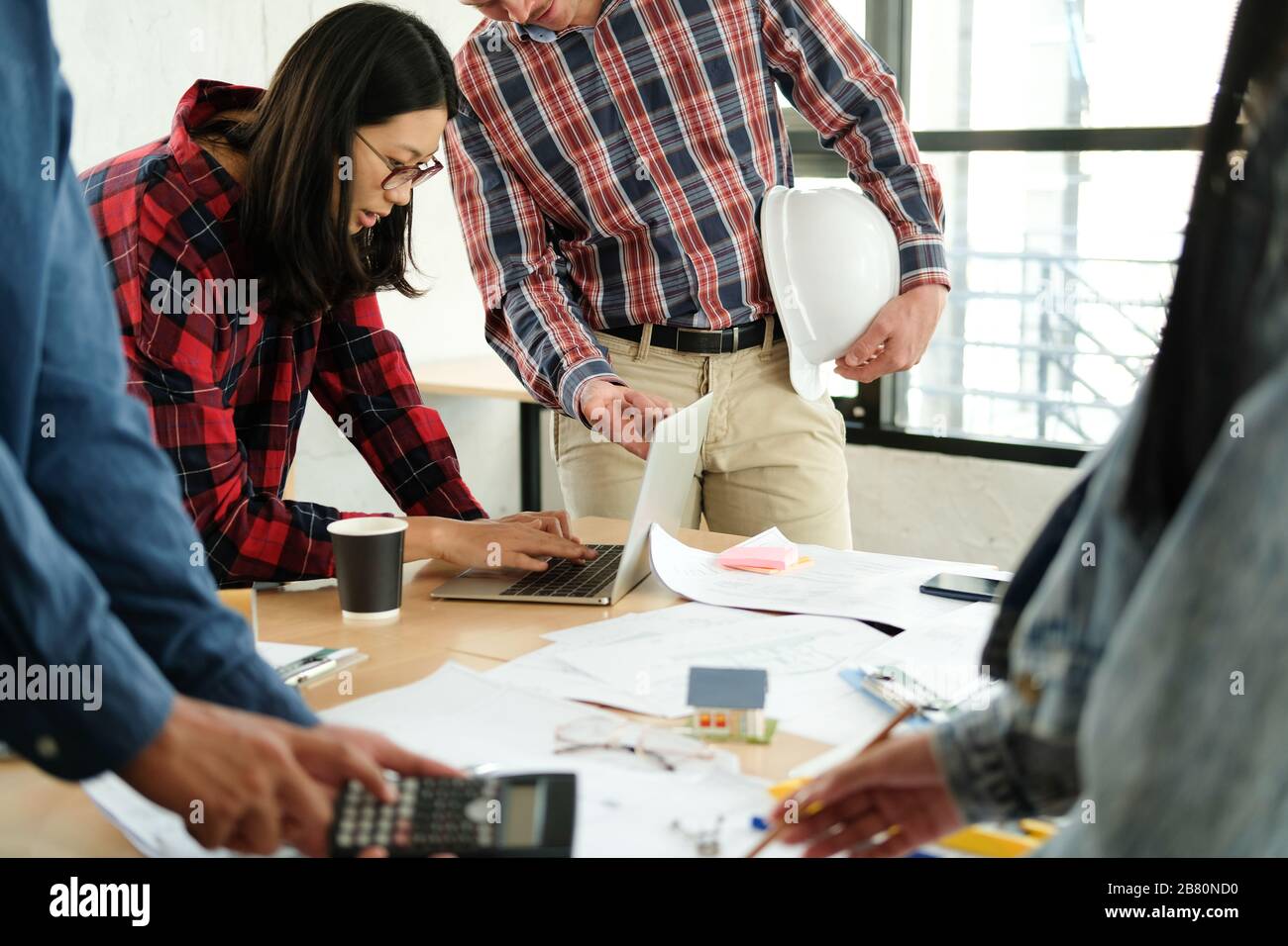architect engineer interior designer team working discussing on house ...