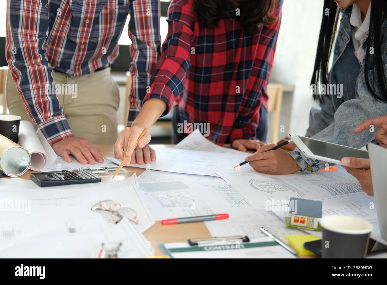 architect engineer interior designer team working discussing on house ...