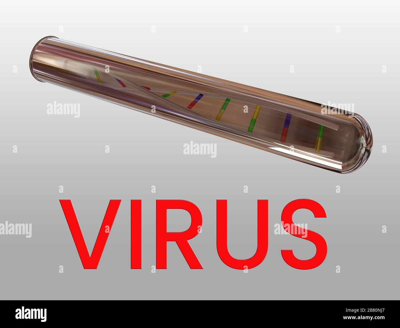 3D illustration of VIRUS script with DNA double in a test tube ...