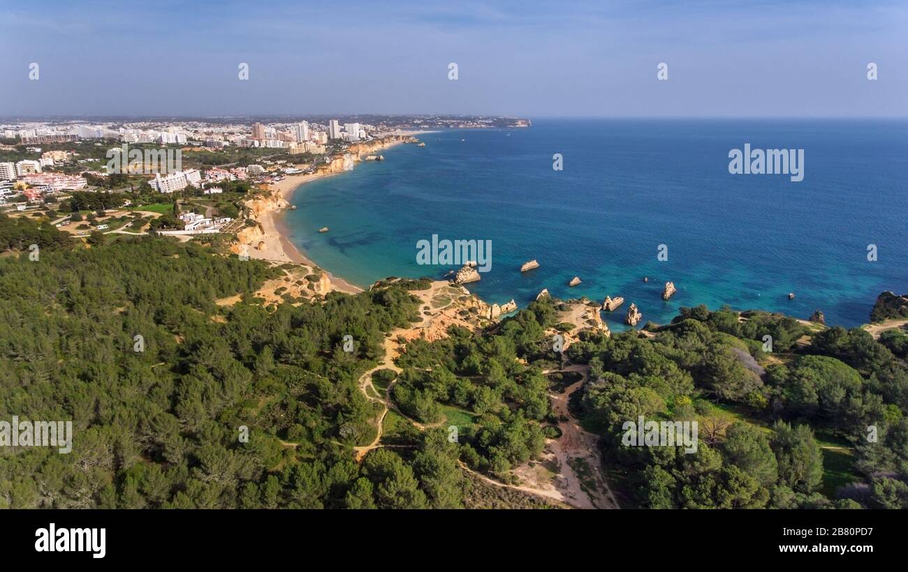 Aerial view of the beautiful bay of the Portuguese coast of the city of ...