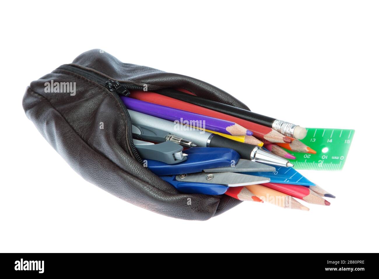 Pencil case with school supplies on a white background Stock Photo - Alamy