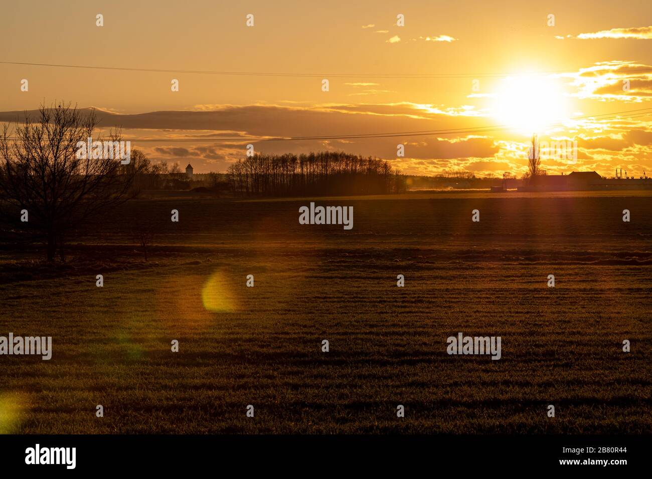 Beautiful scenery of the golden sunset in the meadow in the countryside ...