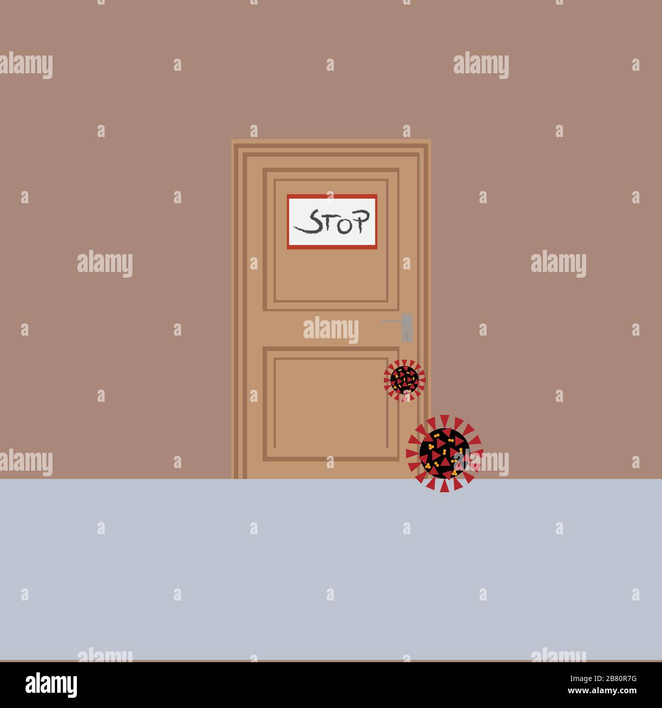 Closed Wooden Door With Stop Sign To Avoid Pandemic And Virus Molecules ...