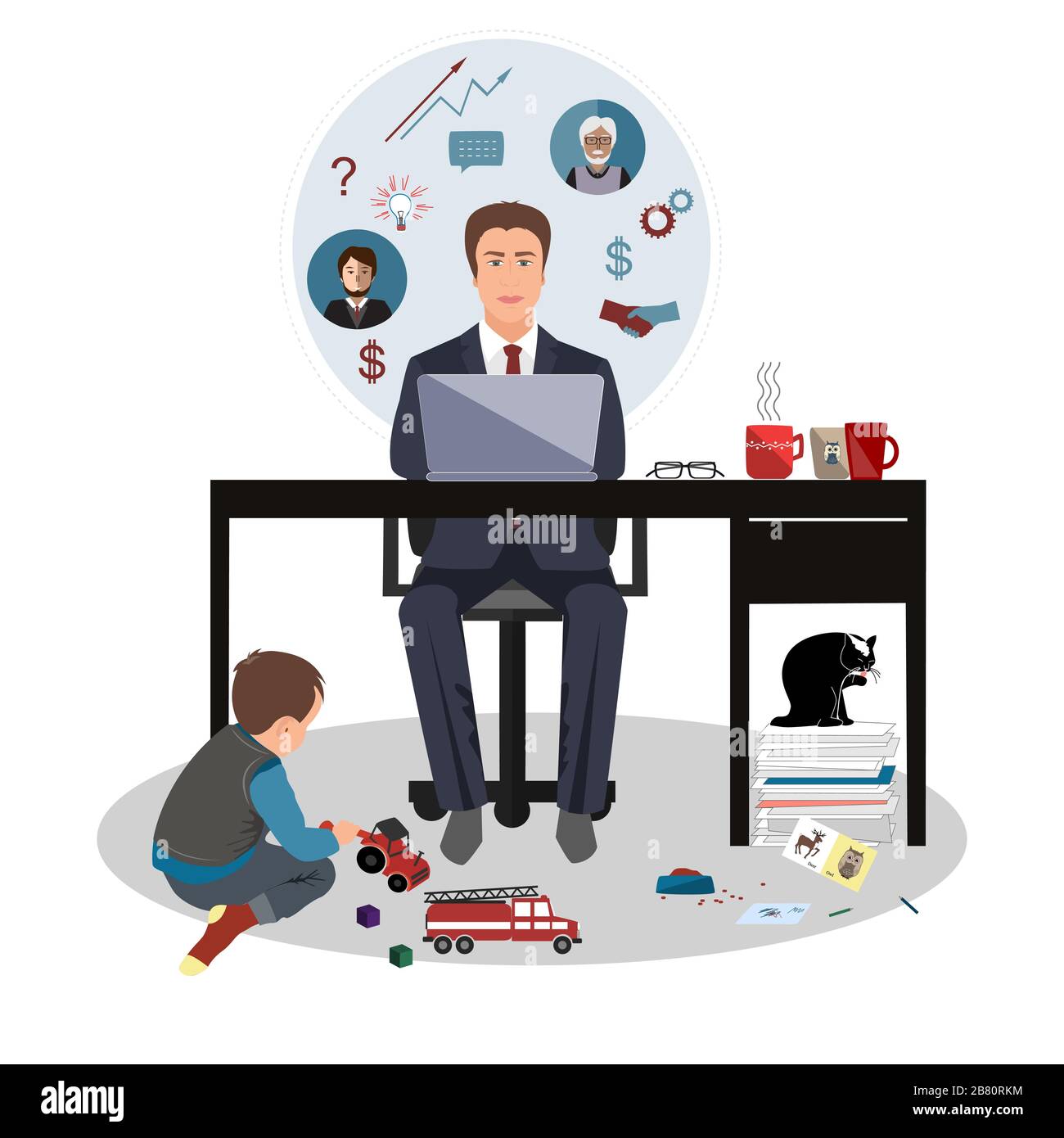 Father business man working in home office and his little son playing ...