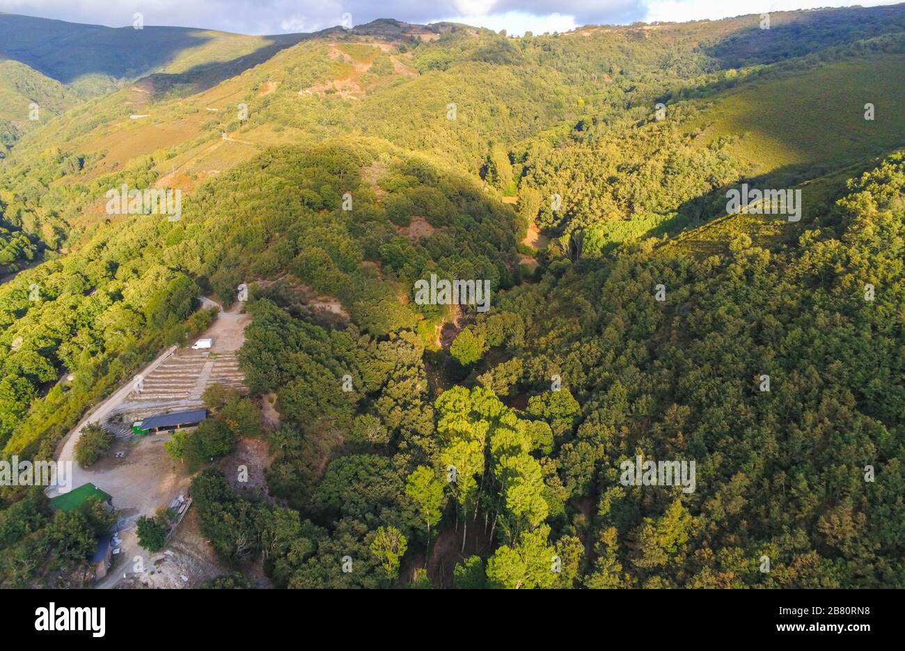 Aerial shot of green forest in the mountain in Balboa, Leon, Spain ...