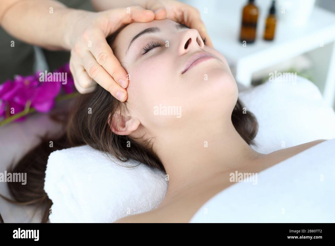 Relaxing lady with closed eyes Stock Photo - Alamy