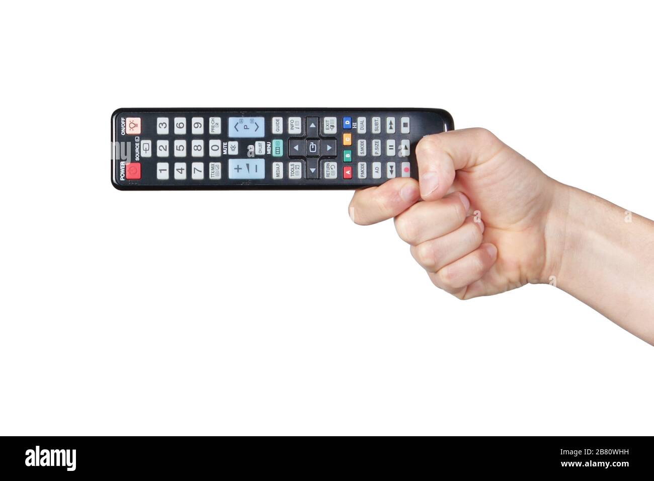 TV remotes in their hands.On a white background Stock Photo - Alamy