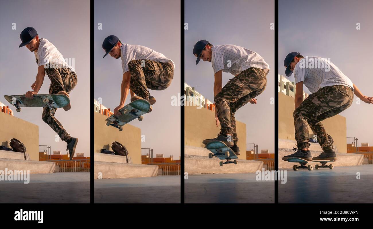 Skateboarding. collage of movements of a trick called boneless on the ...