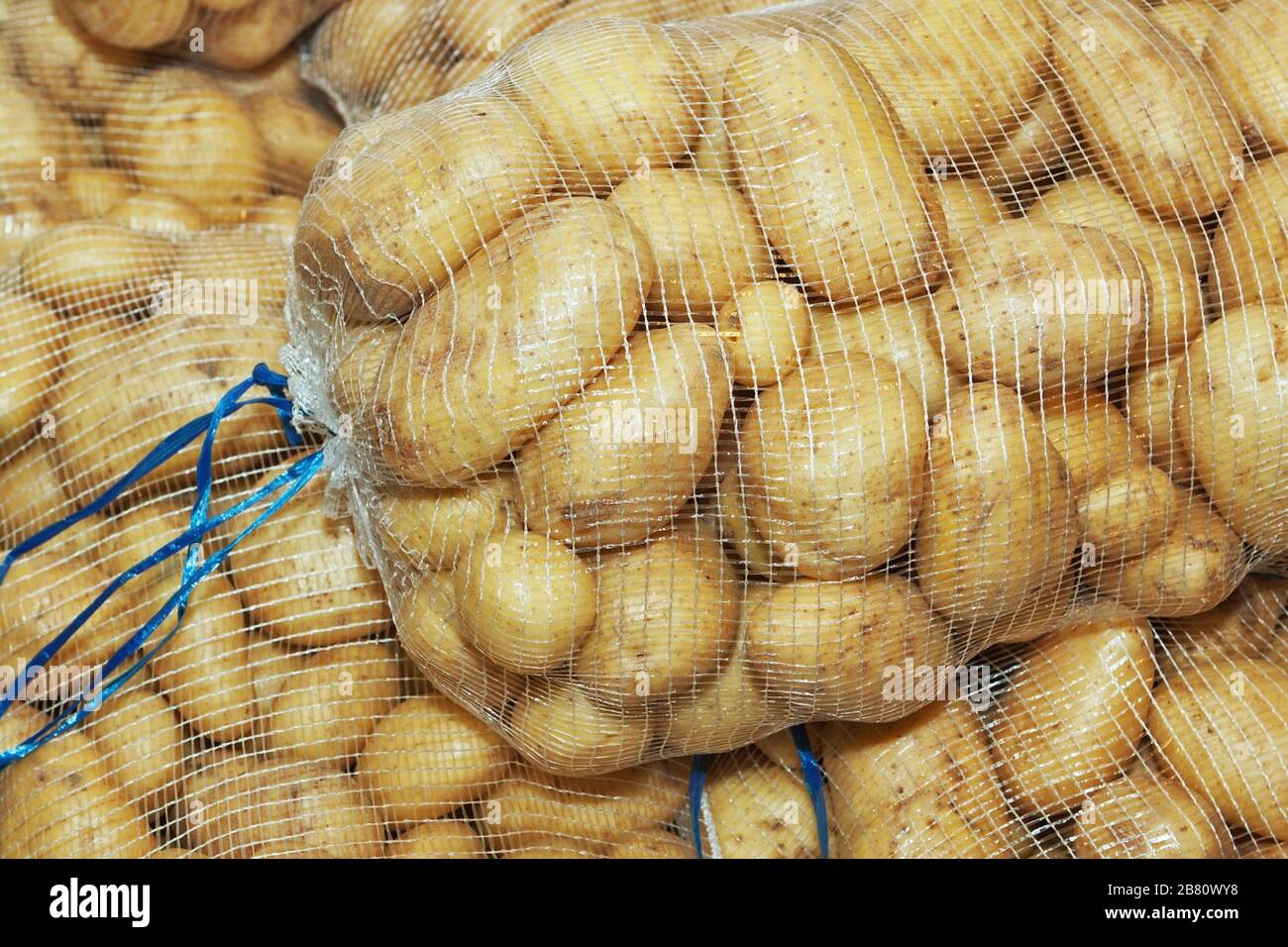 White potatoes in mesh bags on the market Stock Photo - Alamy