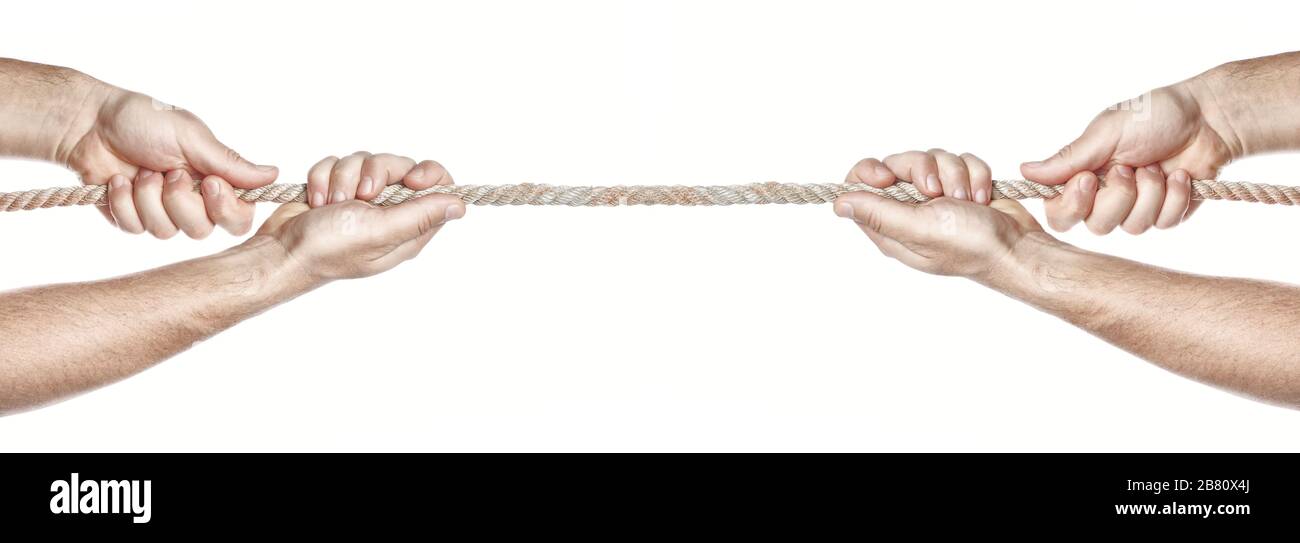 Two people are pulling a rope competing hands. On a white background ...