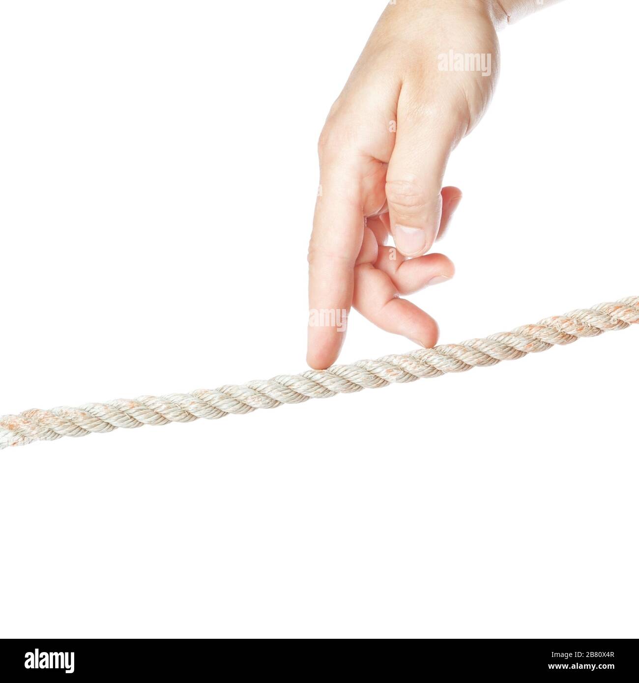 Human hand in the form of a man is on the ropes. On a white background ...