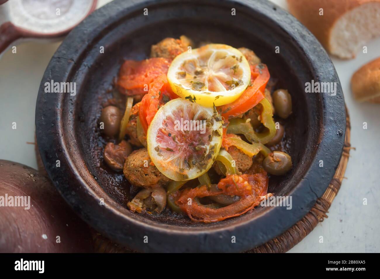 Meatballs raw frying grill with vegetables, Moroccan restaurant Stock ...