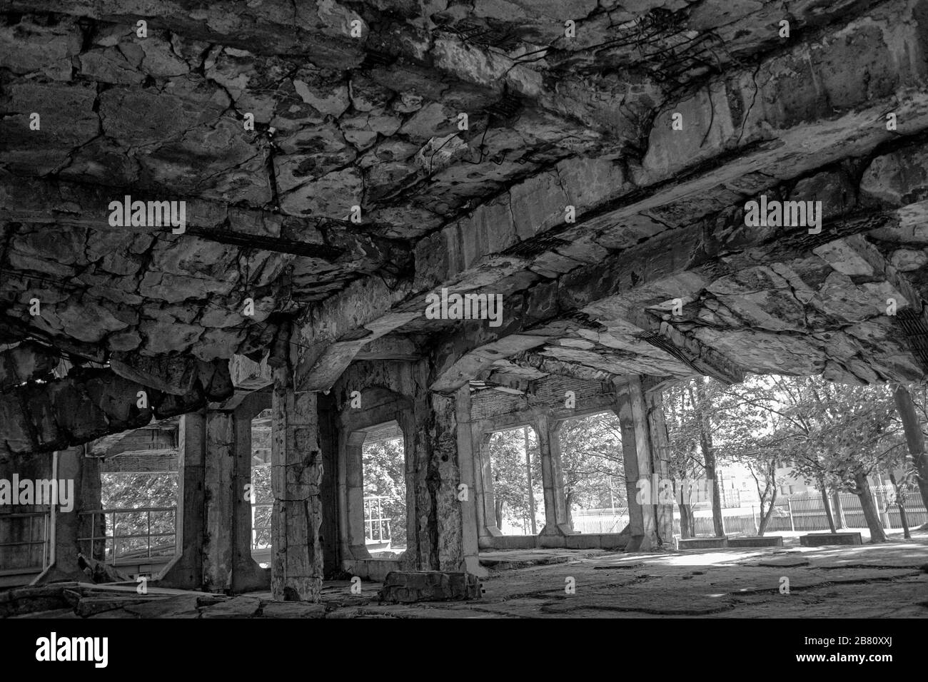 Interior of ruined new barracks of Military Transit Depot at ...
