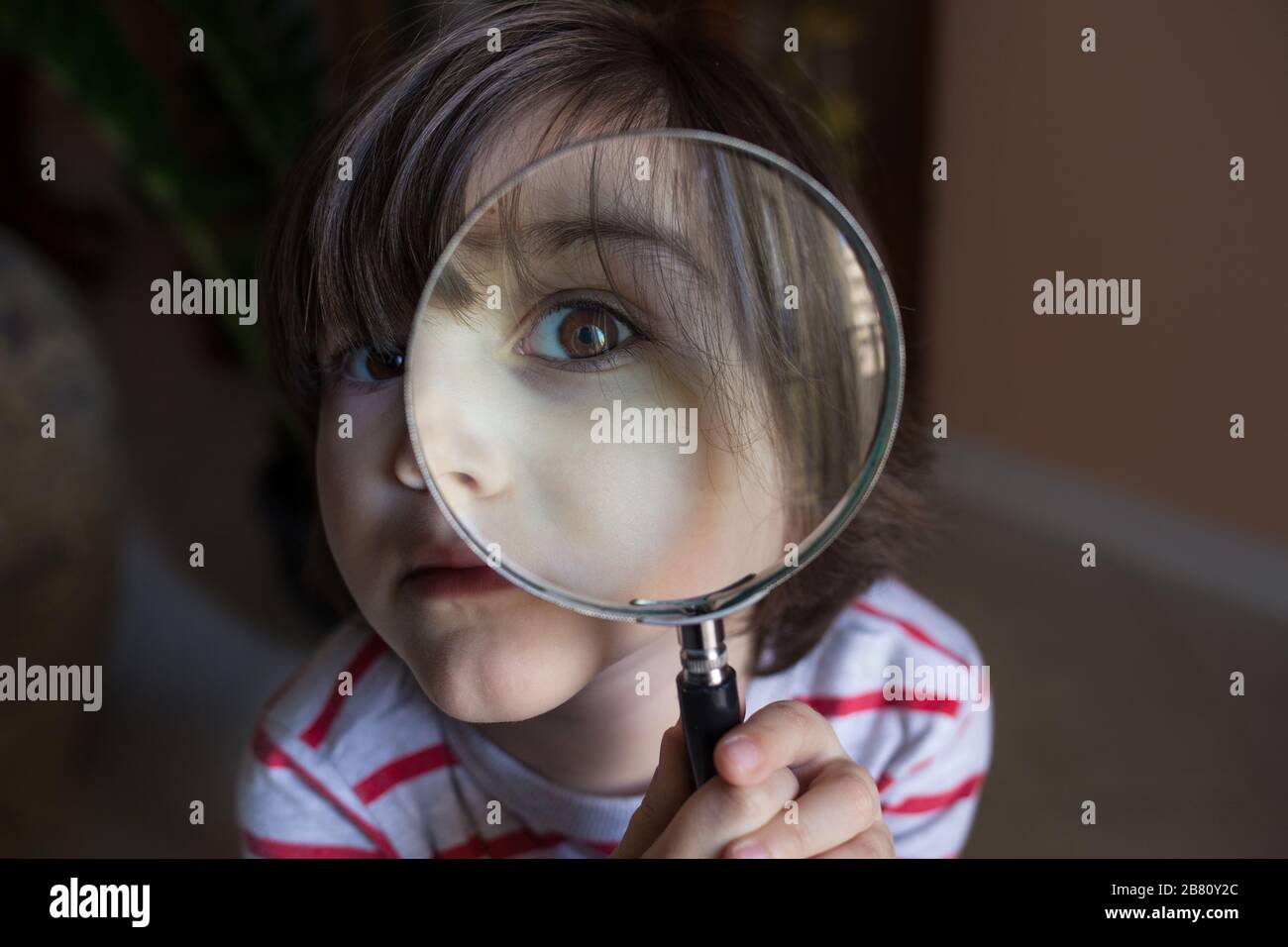 child 4 years old with magnifying glass, looking at the camera, with ...