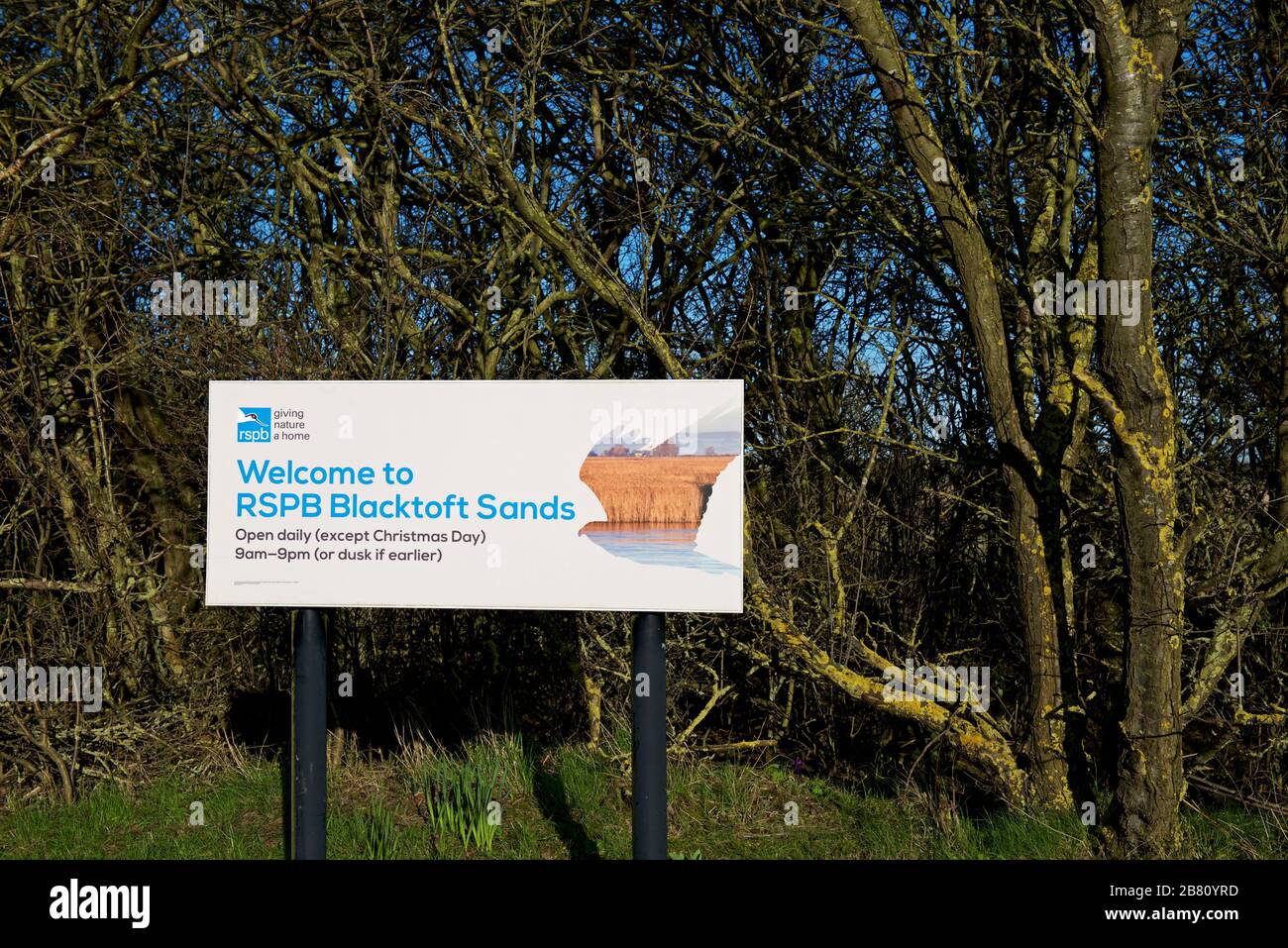 Sign welcoming visitors to RSPB Blacktoft Sands, a nature reserve in ...