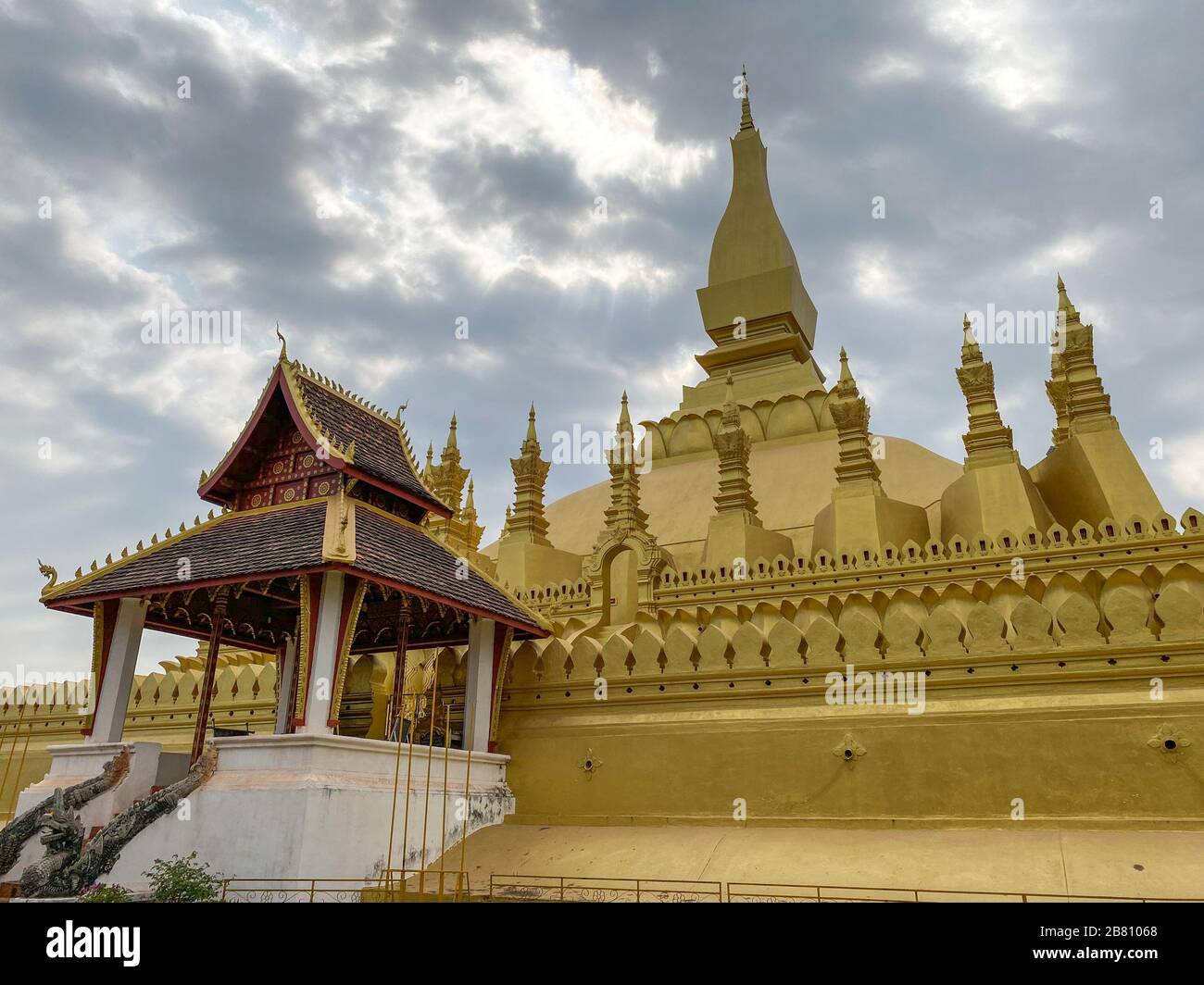 Pha That Luang ancient Buddhist pagoda in Vientiane, Laos. It is one of ...