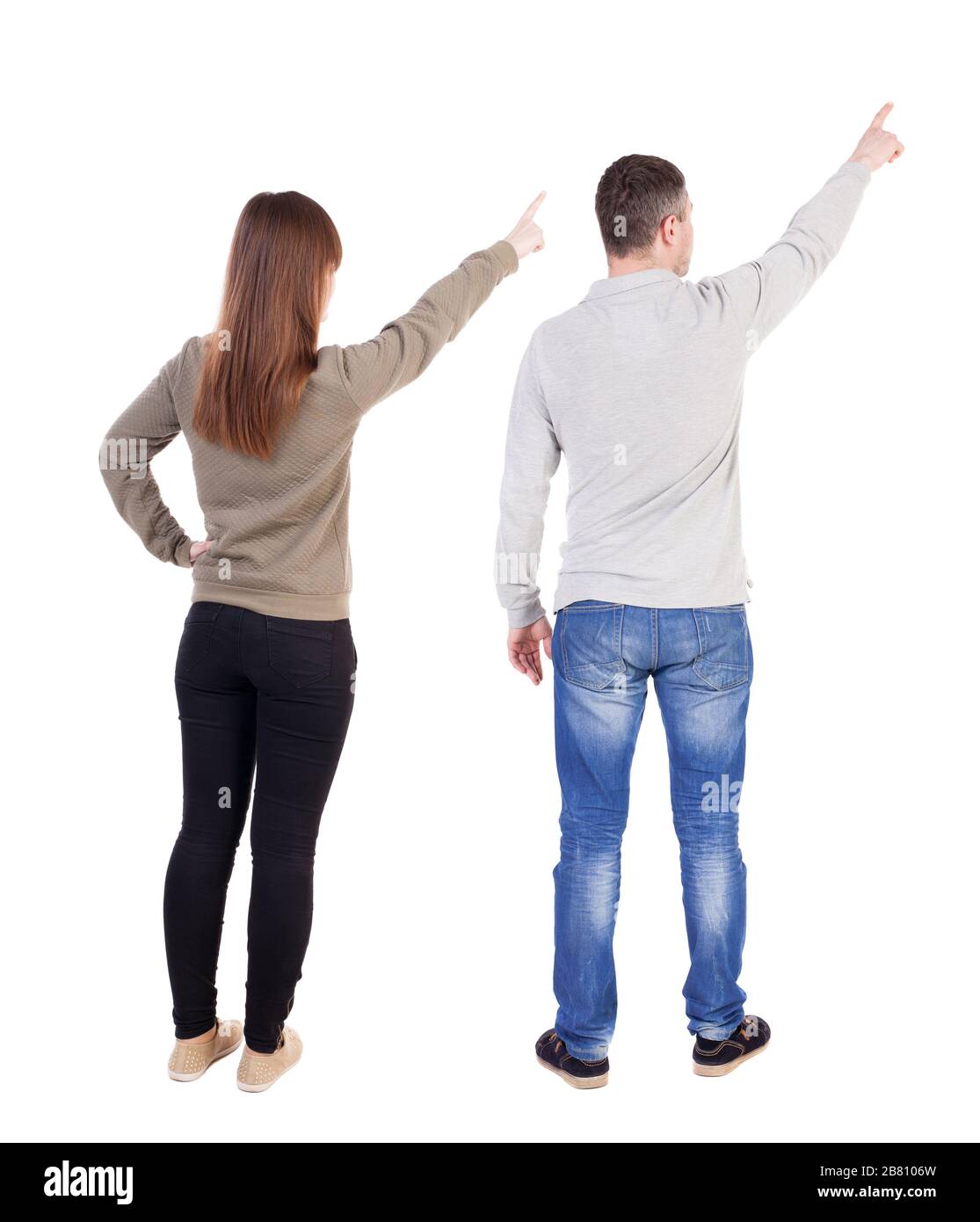 Back view of couple in sweater pointing. Rear view people collection ...