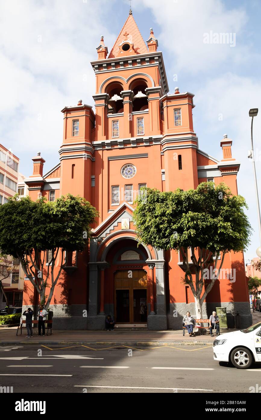 The front of a n Orange coloured church in Las Palmas, Gran Canaria ...