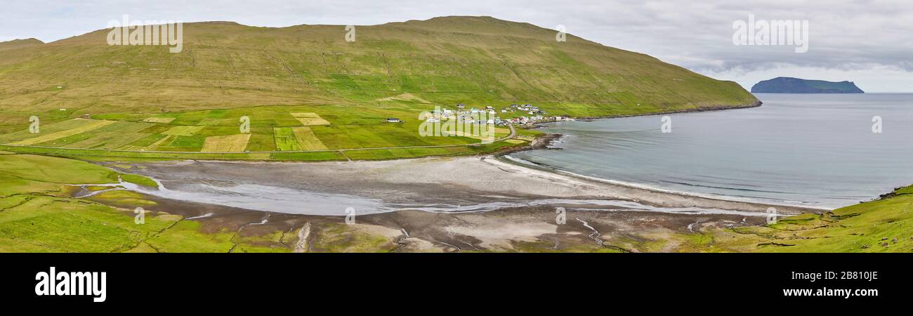Panoramic view Faroe islands beach. Traditional village of Sandvik ...