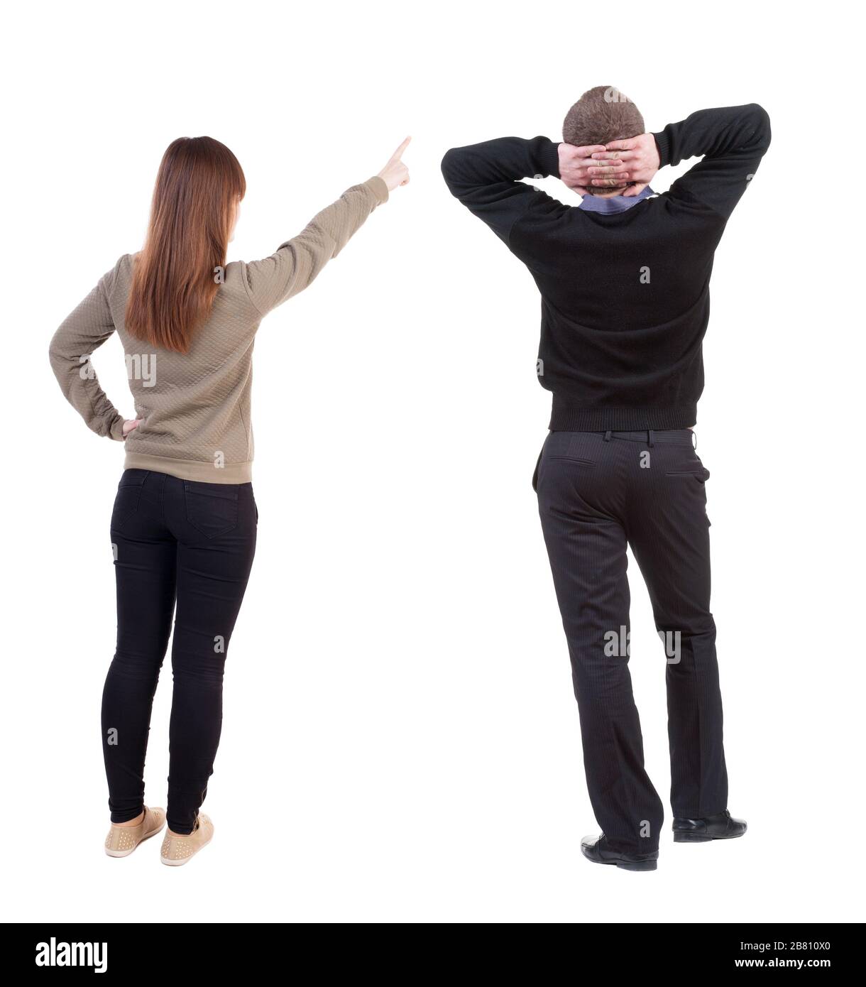 Back view of couple in sweater pointing. Rear view people collection ...