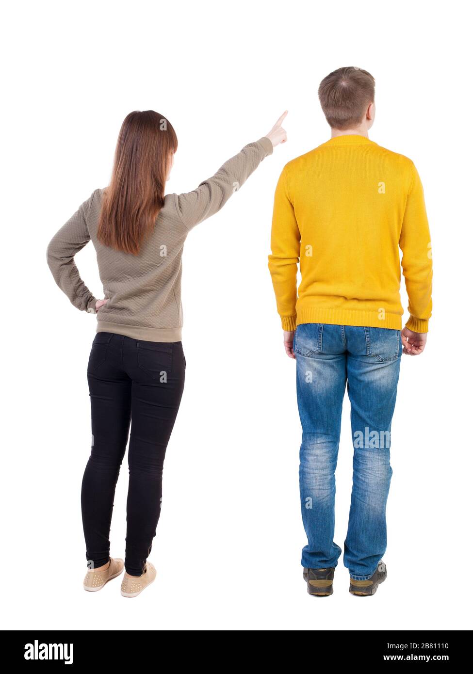 Back view of couple in sweater pointing. Rear view people collection ...
