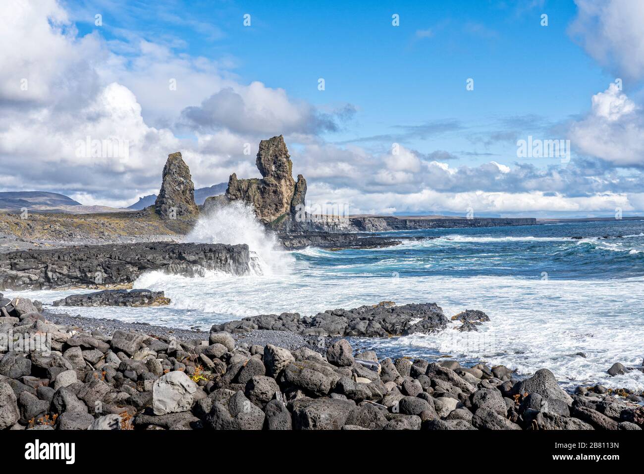 Londrangar basalt rock monolith at the southcoast of Snaefellsness ...