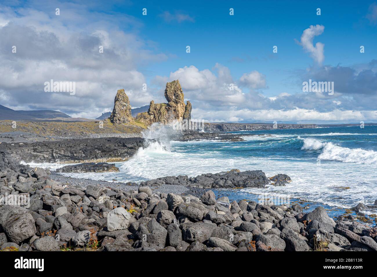 Londrangar basalt rock monolith at the southcoast of Snaefellsness ...