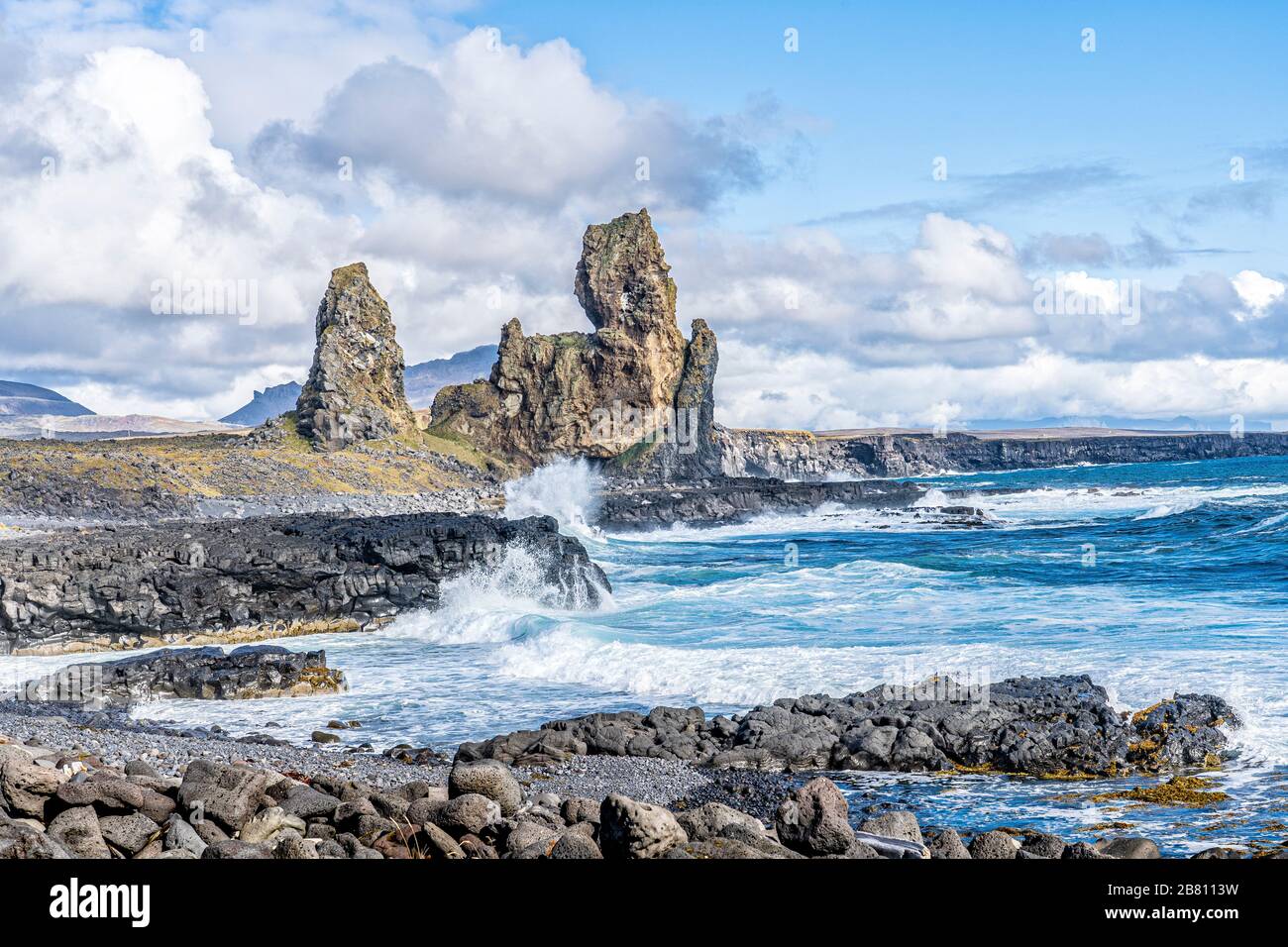 Londrangar basalt rock monolith at the southcoast of Snaefellsness ...