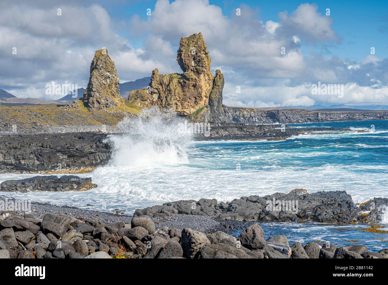 Londrangar basalt rock monolith at the southcoast of Snaefellsness ...