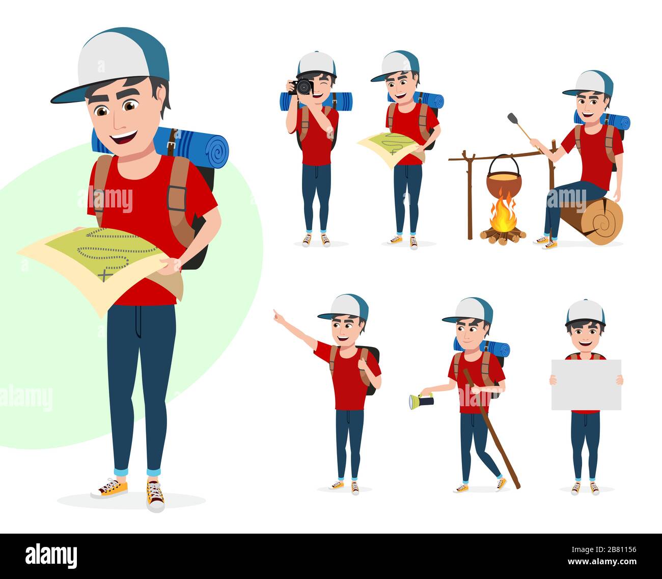 Tourist man vector character set. Male hiker characters in different ...