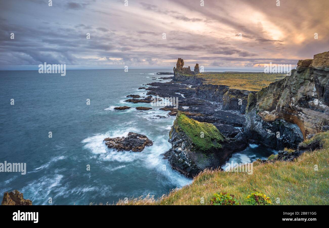 Londrangar basalt rock monolith at the southcoast of Snaefellsness ...