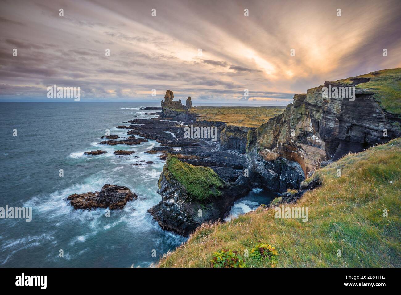 Londrangar basalt rock monolith at the southcoast of Snaefellsness ...