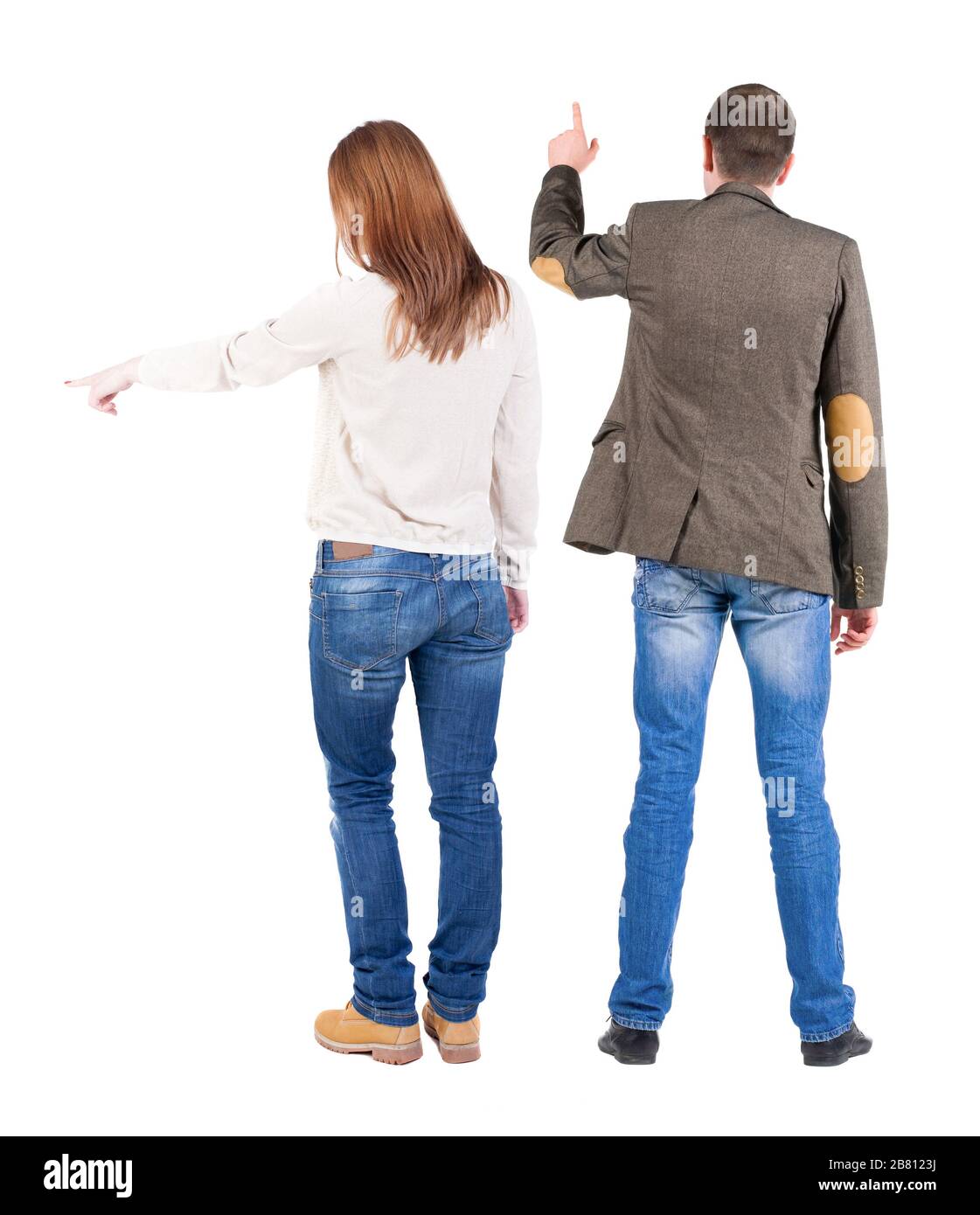 Back view of couple in sweater pointing. Rear view people collection ...