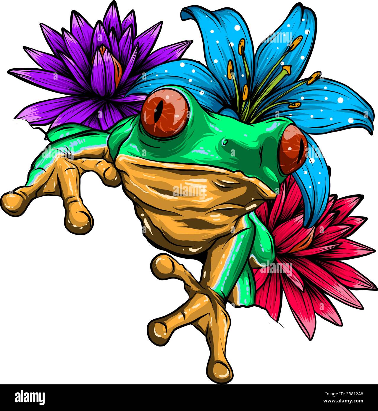 Cute frog cartoon. Cartoon frog sitting with flower, Vector ...