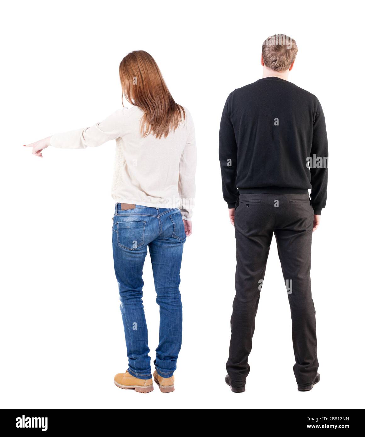 Back view of couple in sweater pointing. Rear view people collection ...