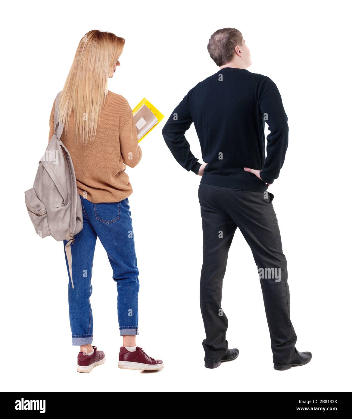 Back view couple in sweater. beautiful man and woman. Rear view people ...