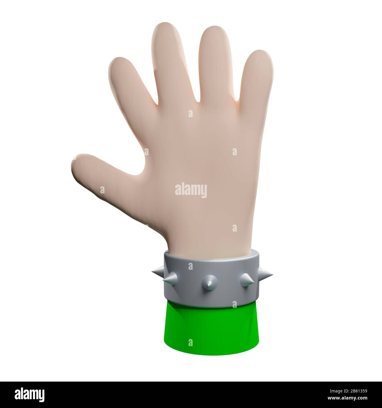 The hand shows a five-finger sign or hello, on the arm is an iron ...