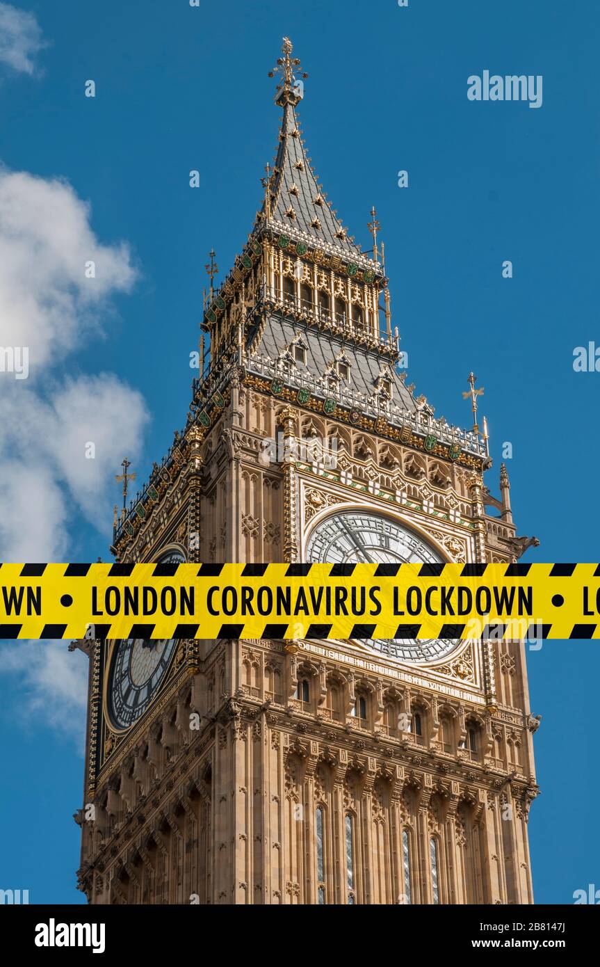 London lockdown concept: the Big Ben bordered with a safety tape with ...