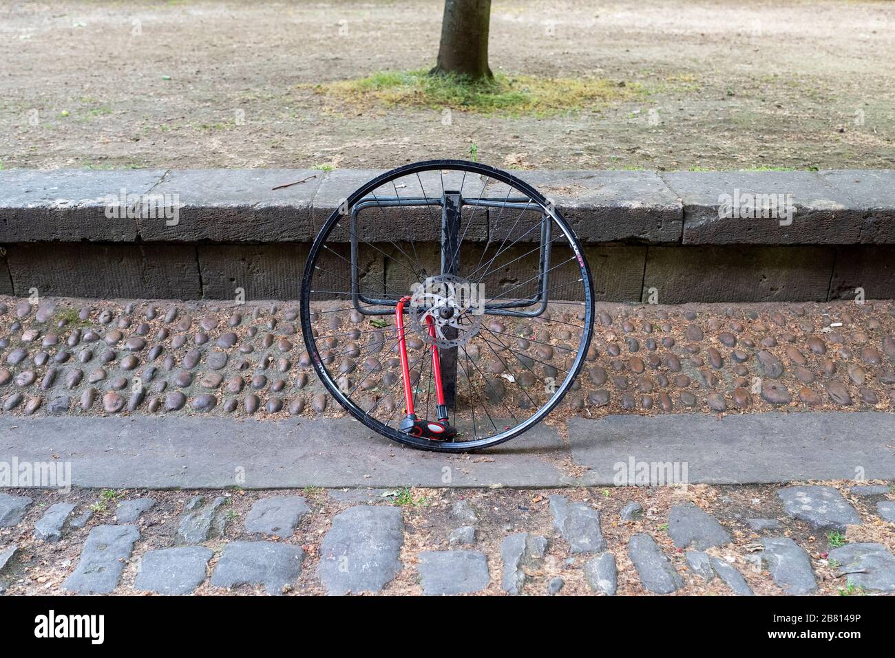 A single bicycle wheel locked to a stand Stock Photo - Alamy