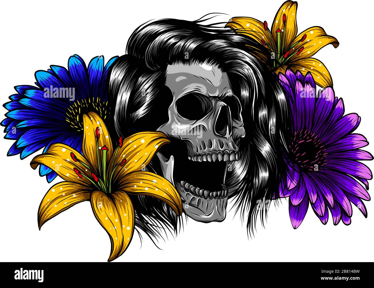 Vector illustration of skull with flowers isolated on white background ...
