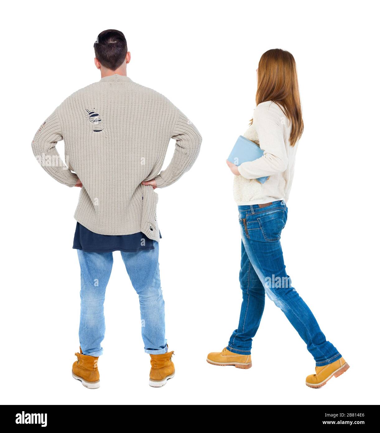 Back view couple in sweater. beautiful man and woman. Rear view people ...