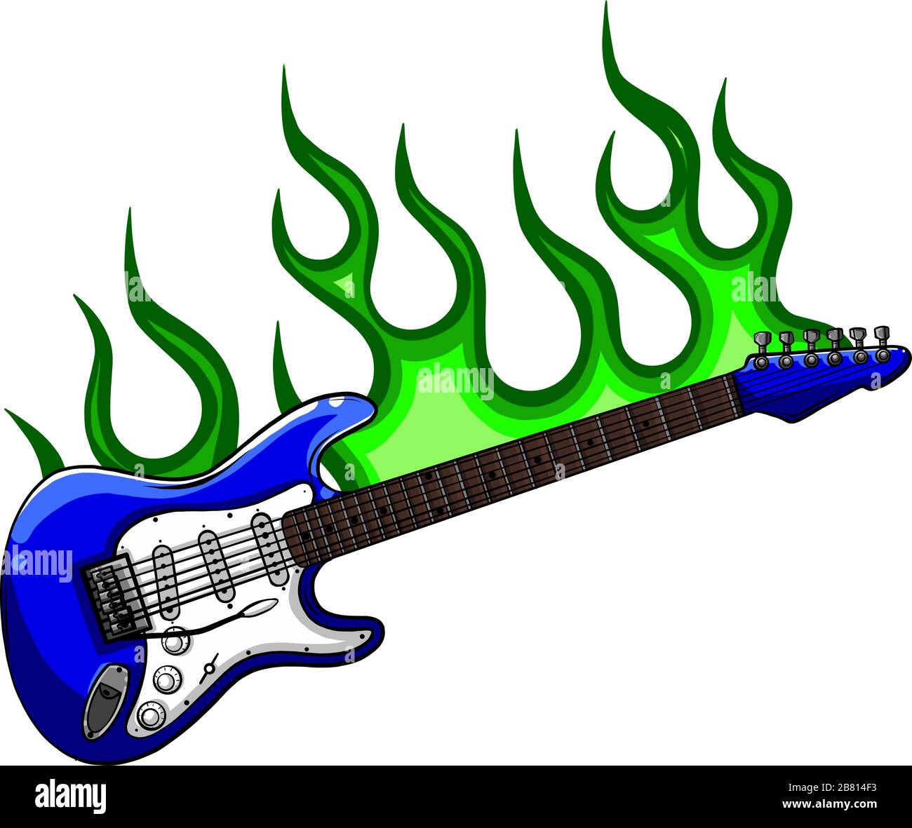 Electric guitar on fire in full color and black flames vector ...